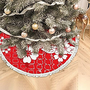Hapuxt Christmas Tree Skirt 48 Inch Xmas Plush Skirts Decoration White Flower Oriental Traditional Deco Red Merry Christmas Family Party Holiday Indoor Outdoor Home Decor White Tassel Lace