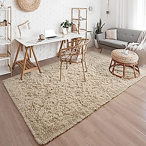 Wellber Modern Soft Shag Rugs, 3x5 Feet Beige Fluffy Home Decorative Carpets for Bedroom, Rectangle Durable Fuzzy Area Rug for Living Room Dorm Nursery, Plush Floor Shaggy Fur Throw Rug