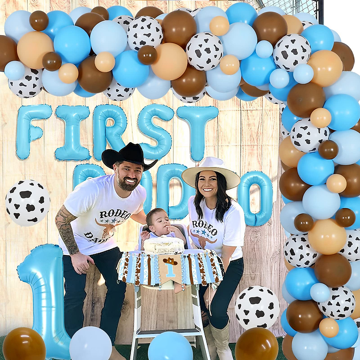 First Rodeo Birthday Party Decorations Boy Blue, Western Cowboy 1st Birthday Party Decorations - Cowboy Balloon Garland Kit with High Chair Banner, Monthly Photo Banner, My First Rodeo Cake Topper