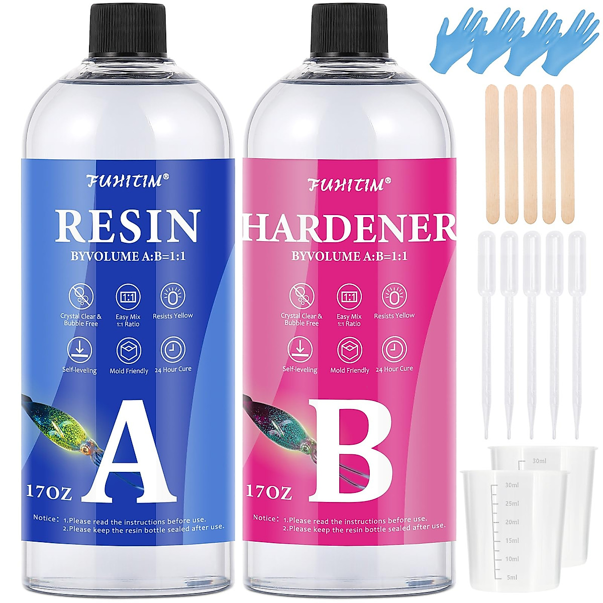 Epoxy Resin 34OZ - Epoxy Resin Kit, Crystal Clear Epoxy Resin Kit - Not Yellowing, No Bubble, Self Leveling, High-Gloss, Casting & Coating for DIY Jewelry Making of The Art Resin & Epoxy (17OZ x 2)