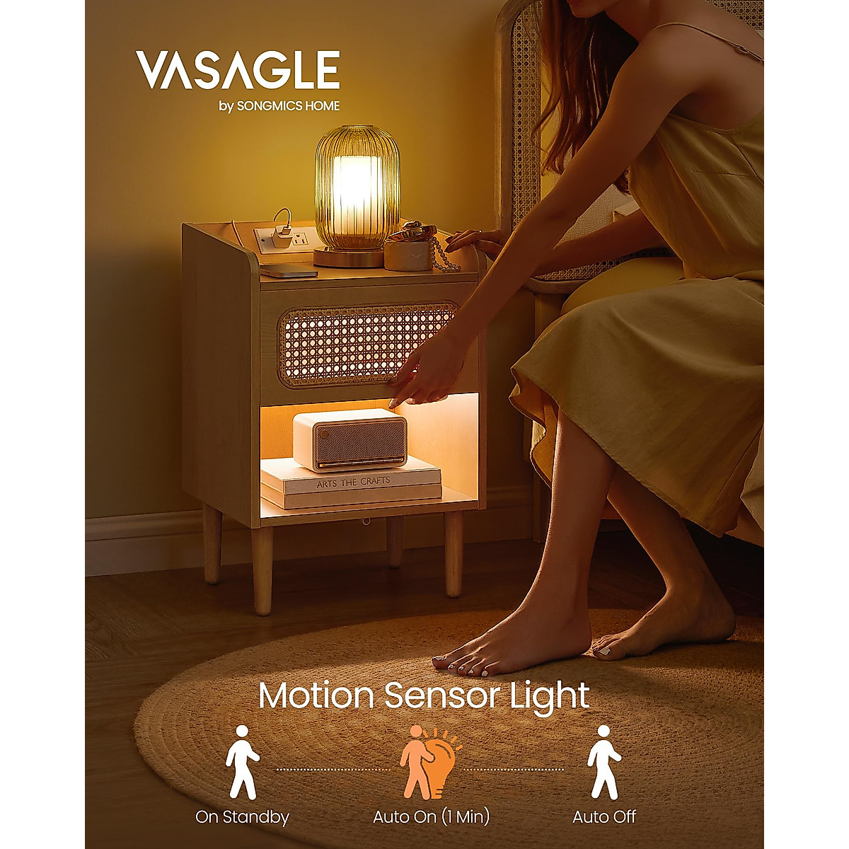 VASAGLE BOHOVEN Collection - Nightstands with Charging Station, Set of 2, Bedside Tables with Motion Sensor Lights, Rattan-Like Side End Tables, Solid Wood Legs, for Bedroom, Boho Style, Oak Beige
