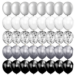 100pcs Chrome Metallic Balloons and Confetti Balloons 12 Inch Latex Party Balloons Silver Black White Balloon for Wedding Engagement Birthday Decorations