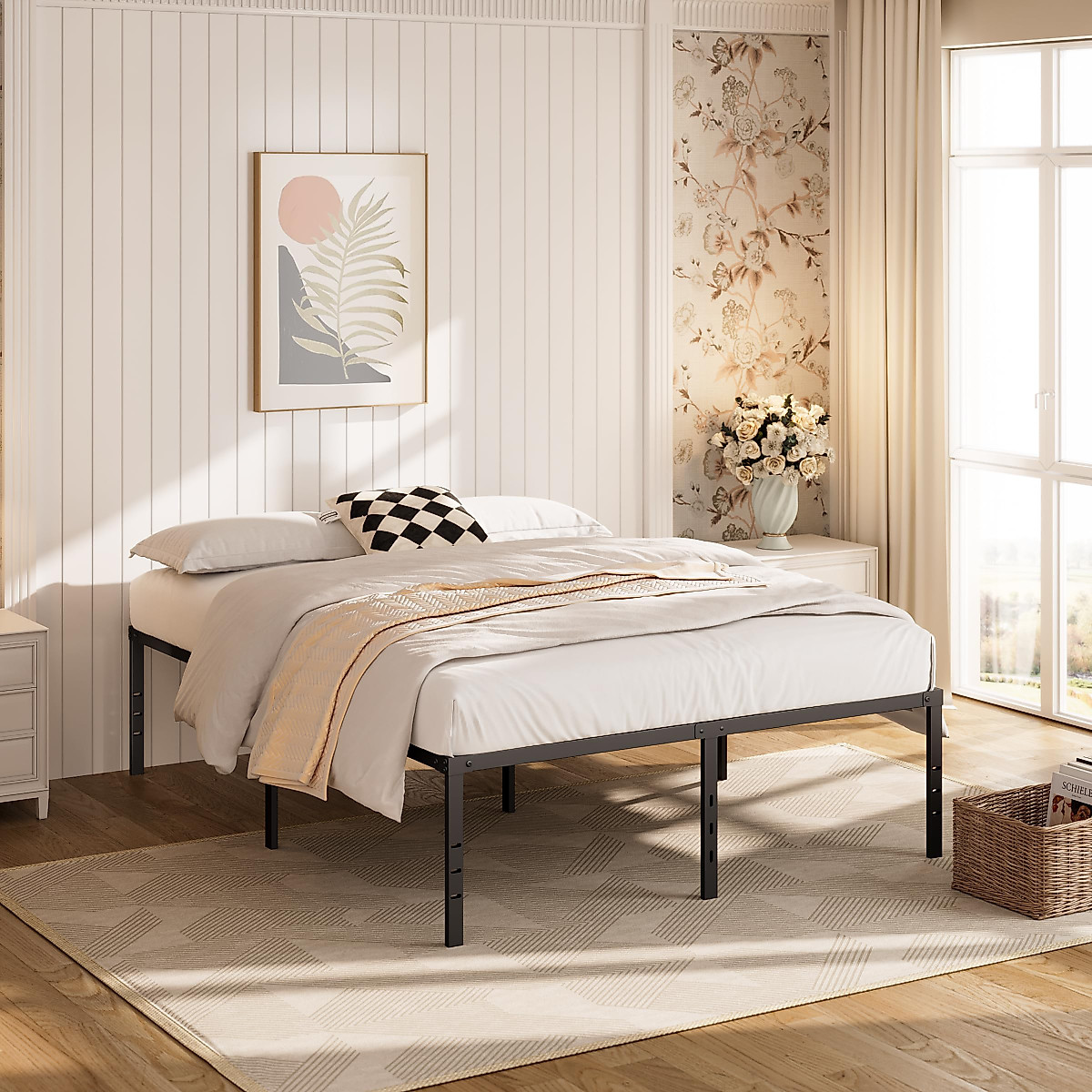 DERYONI 18 inch King Size Bed Frame No Box Spring Needed Heavy Duty Platform King Bed Frame Steel Slat Support 750lbs Easy Assembly Noise Free High Black Bed Frame King Size