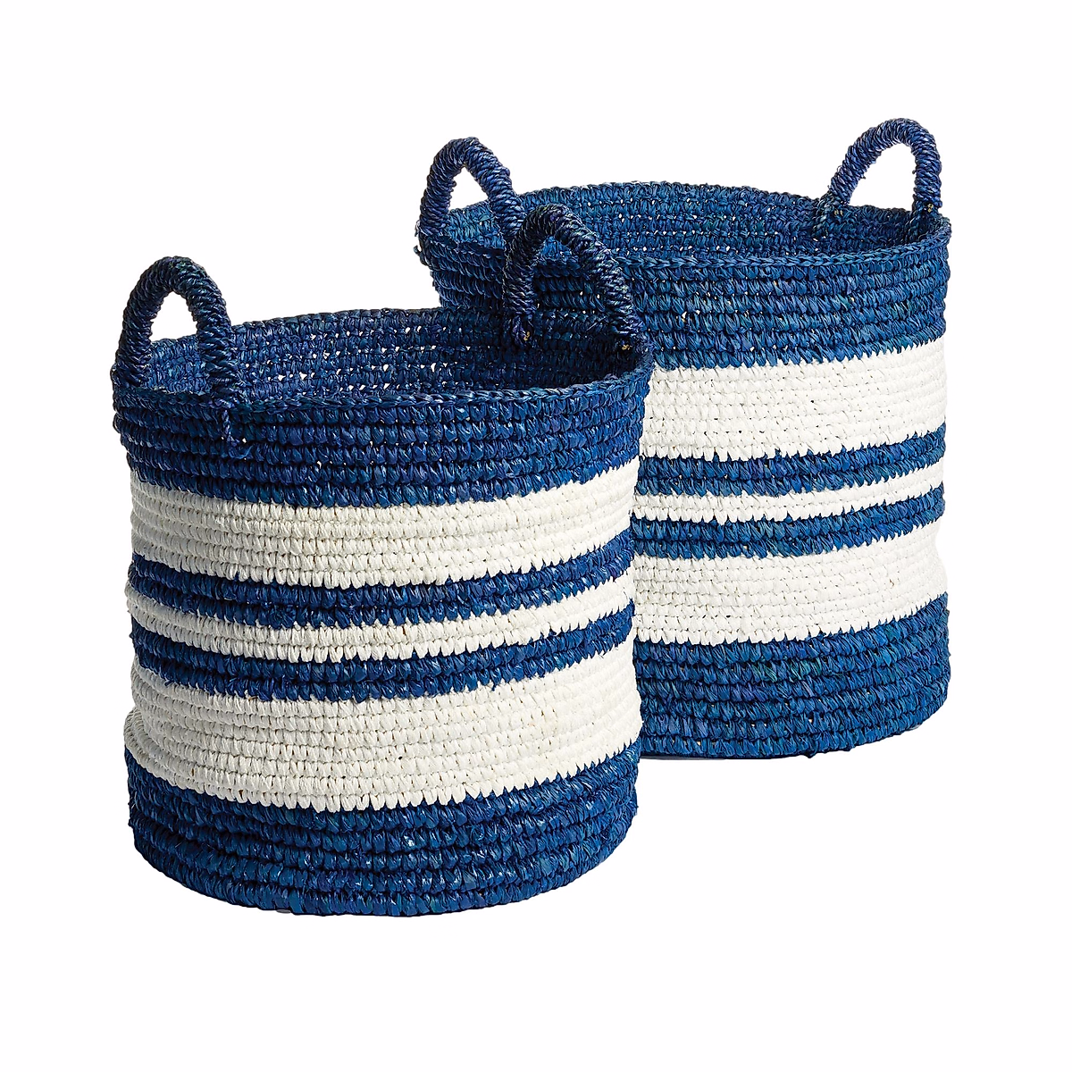 MY SWANKY HOME Set 2 Large Coastal Casual Blue White Stripe Tall Hamper Tote Baskets Handles