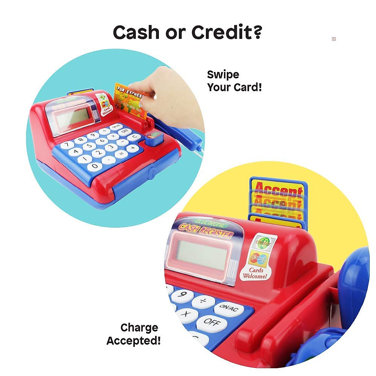 Boley Toy Cash Register with Scanner - Red and Blue Toddler Cash Register Toy for Kids with Calculator and Toy Credit Card Reader