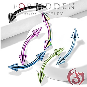 Forbidden Body Jewelry 16g 8mm Daith Earring, Eyebrow Ring and Rook Piercing, Black Titanium IP Double Spike Barbell