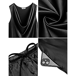 Ekouaer Women's Top and Long Pant Nightwear Cowl Neck 2 Piece Satin Silk Pajama Set Plus Size Black