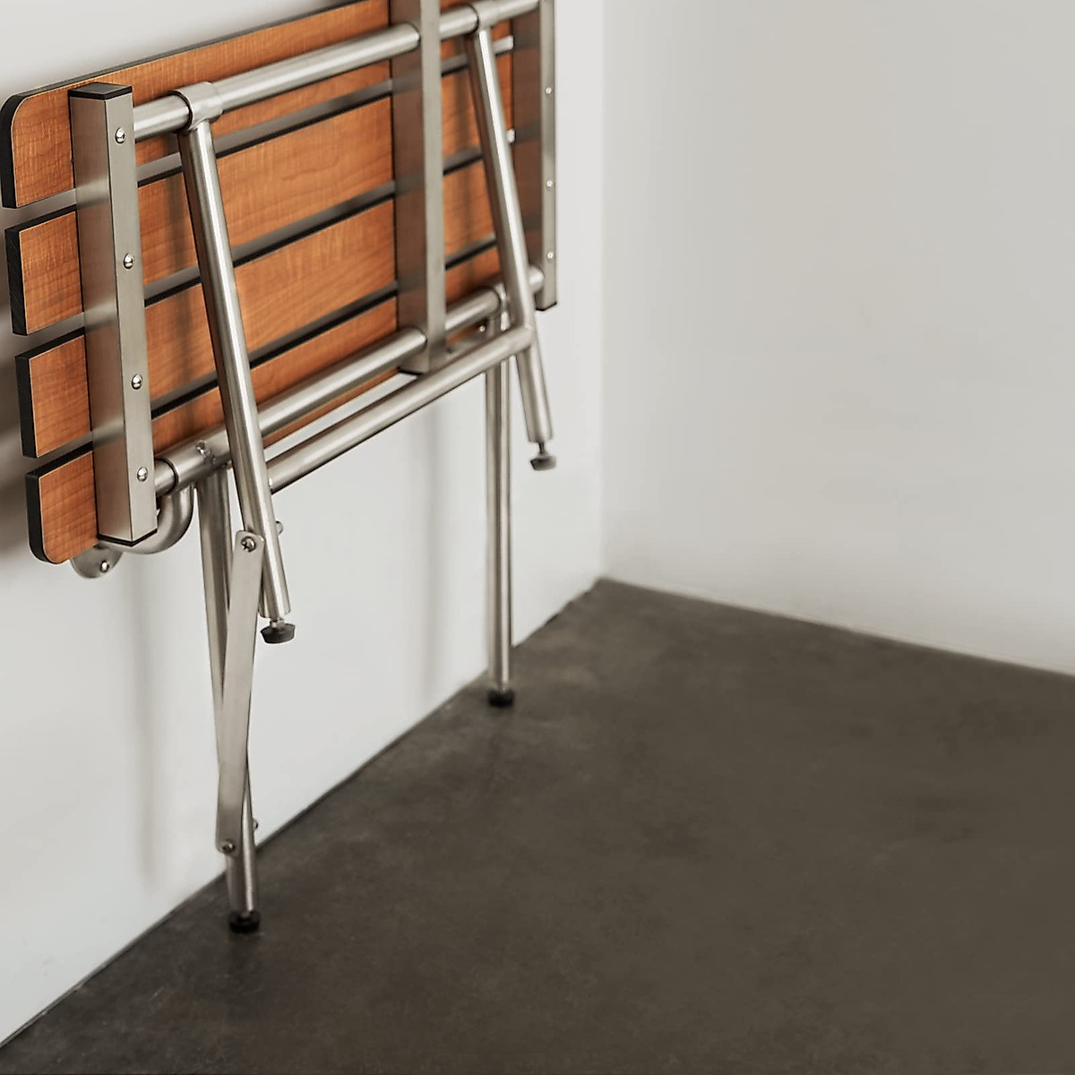 Seachrome 26-inch x 22.5-inch ADA Bariatric Wall Mount Folding Transfer Bench Shower Seat with Legs, Left-Handed, Teak Phenolic Seat (SSL2-260225-PT)