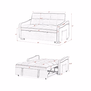 Verfur 3 in 1 Pull Bed Sleeper, Modern Upholstered Loveseat Lounge Sofa & Couches w/Reclining Backrest, Convertible Futon Love Seat Small Furniture for Living Room, Black w/USB Charging