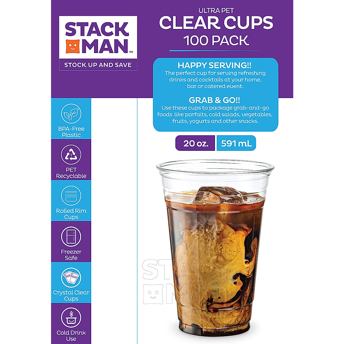 Stack Man [100 Pack - 24 oz.] Clear Disposable Plastic Cups PET Crystal Clear Disposable 24oz Plastic Cups