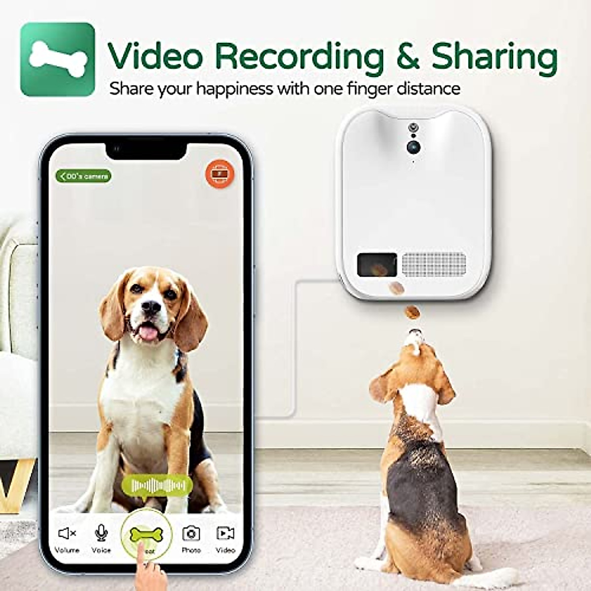 CENGCEN Pet Monitoring Camera Dog Treat Dispenser Two-Way Audio HD WiFi Dog Camera with 130° View, Remote Tossing App Compatible with Android/iOS, Supports Cloud Storage, Night Vision, Wall Mounted