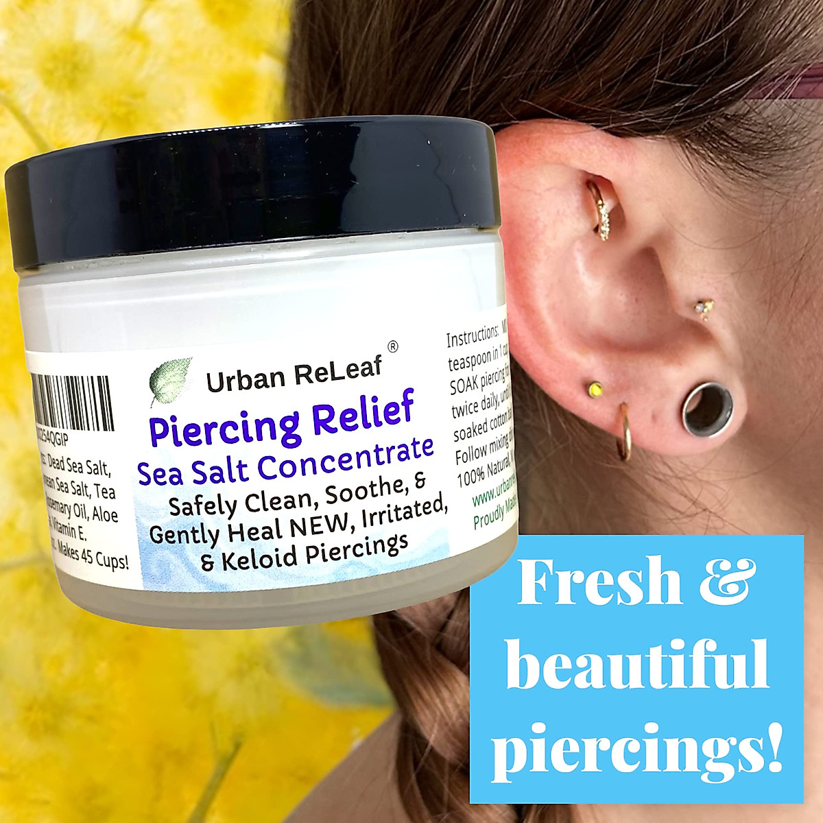Urban ReLeaf PIERCING RELIEF Sea Salt Concentrate AFTERCARE ! Safely Clean, Soothe & Gently Calm New Irritated & Keloid Bump Piercings. Effective NON-iodized Dead Sea Salt, Tea Tree Rosemary
