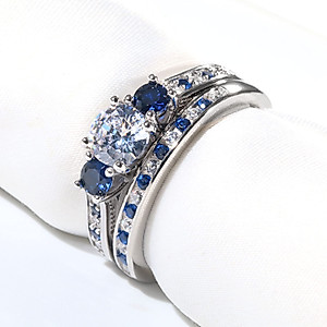 MASHAN Adjustable Size Women Wedding Ring Sets 10K Gold Plated 925 Sterling Silver 1.5ct AAAAA CZ Three Stone Engagement Ring Blue Cz Wedding Band