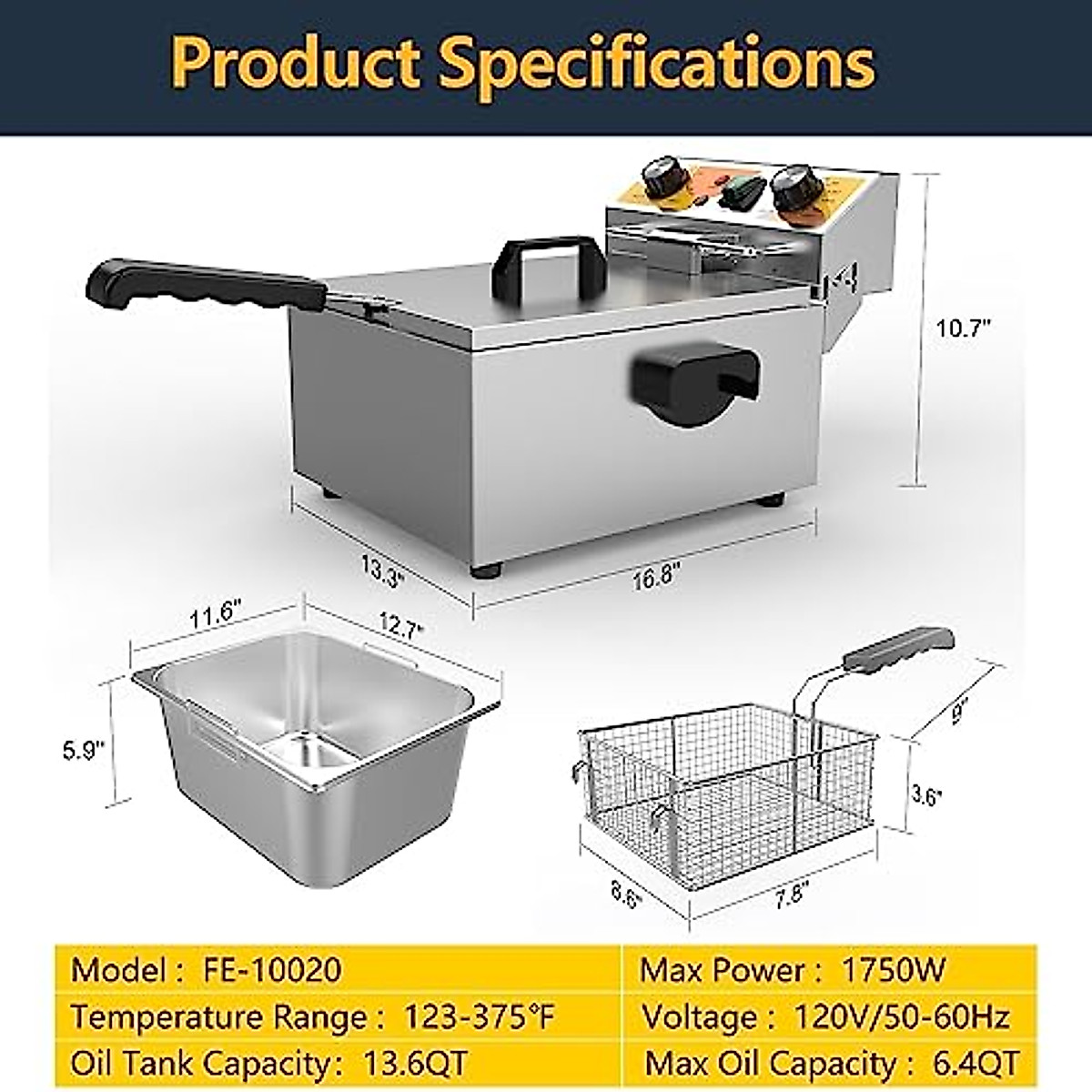 Festa Essential 13.6QT Electric Deep Fryer with 6L(6.5QT)Frying Basket&Lid,1750W Stainless Steel Commercial Countertop Single Tank Oil Fryers with Temperature Control&Timer for Home Kitchen Restaurant