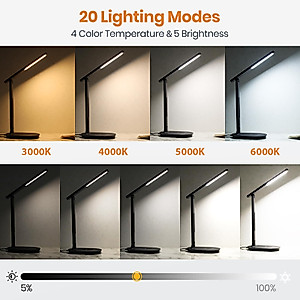 LASTAR LED Desk Lamp, Dimmable Eye-Protecting Table Lamps with Night Light, USB Charging Port, 4 Color Temperature Modes, 5 Brightness Levels, 1H Timer, Touch Control for Home Office Bedroom