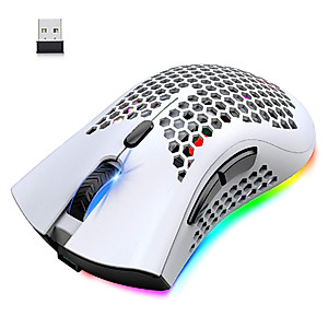 Wireless Lightweight Gaming Mouse Honeycomb with 7 Button Multi RGB Backlit Perforated Ergonomic Shell Optical Sensor Adjustable DPI Rechargeable 800mAh Battery USB Receiver for PC Mac Gamer(White)
