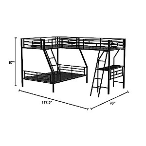 Merax Metal L-Shaped Bunk Bed with a Loft Attached, Triple Bedframe with Desk, Guardrails, and Ladders, Twin Over Full, Black
