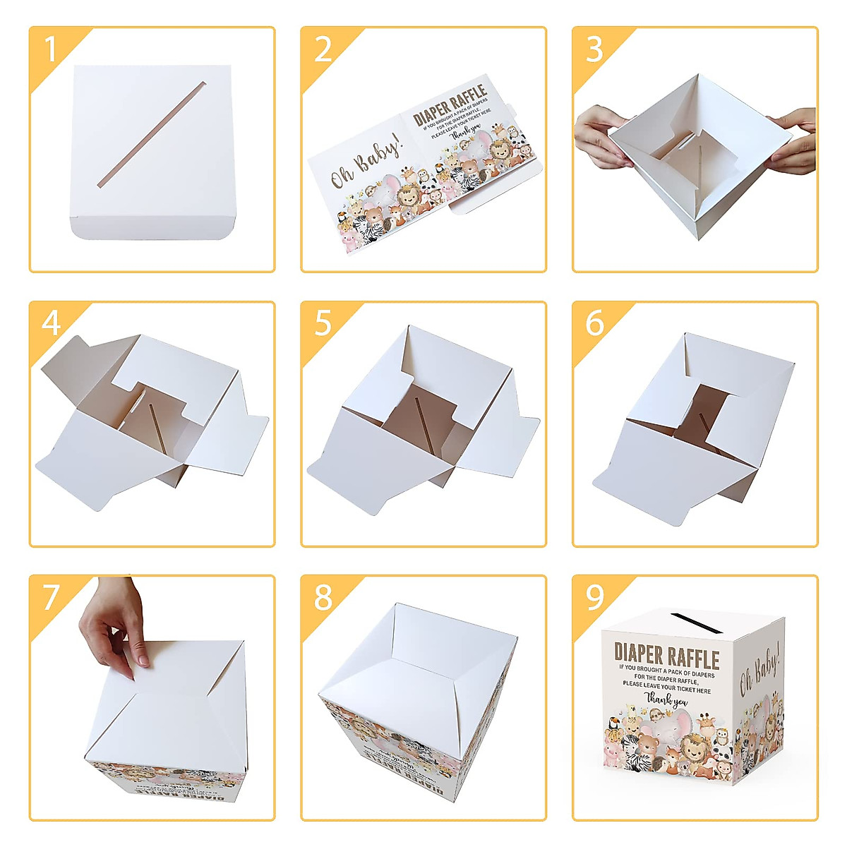 mermermu Diaper Raffle Tickets and Advice Cards For Baby Shower - 1 Card Collection Box & 50 Tickets, Animal Baby Shower Card Box, Party FavorsDecorationsSupplies, Game Kit, 8" Card Box -005BOX