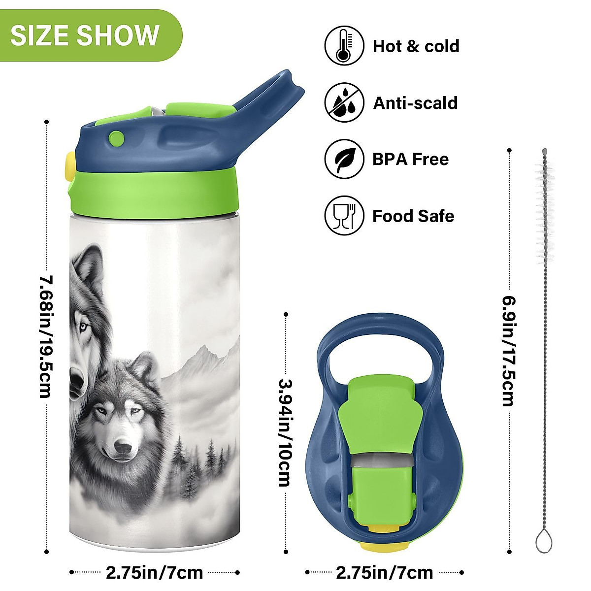 Kigai Gray Wolf Kids Insulated Water Bottle with Straw - Stainless Steel Travel Tumbler Double Wall Vacuum Leak Proof Kids Cup Hot for School Boys Girls