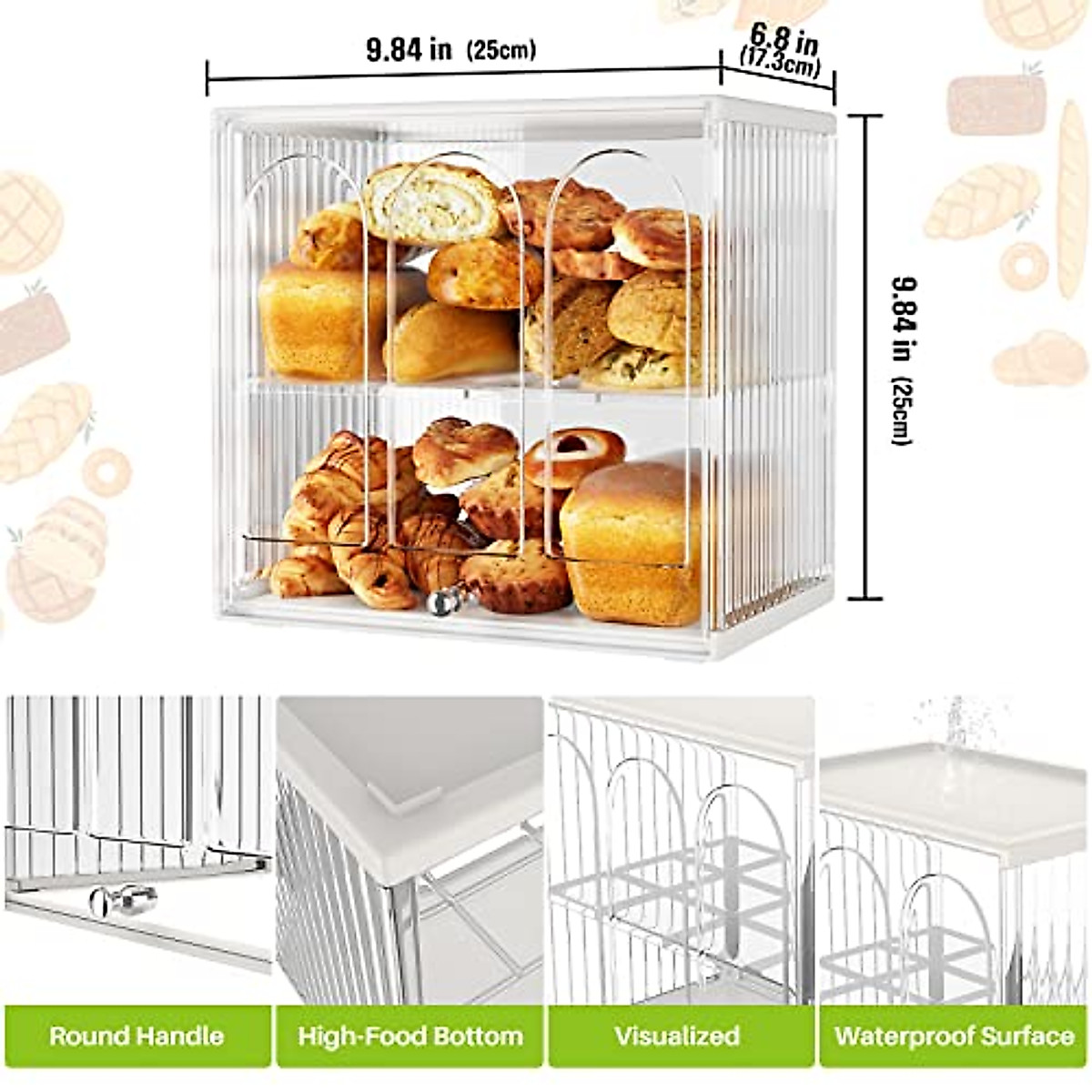 Double Layer Bread Box for Kitchen Countertop, Clear Bread Container, Large Bread Storage, Bread Boxes for Kitchen Counter