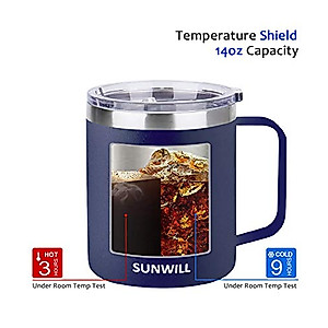 SUNWILL 14 oz Coffee Mug, Vacuum Insulated Camping Mug with Lid, Double Wall Stainless Steel Travel Tumbler Cup, Coffee Thermos Outdoor, Powder Coated Navy Blue
