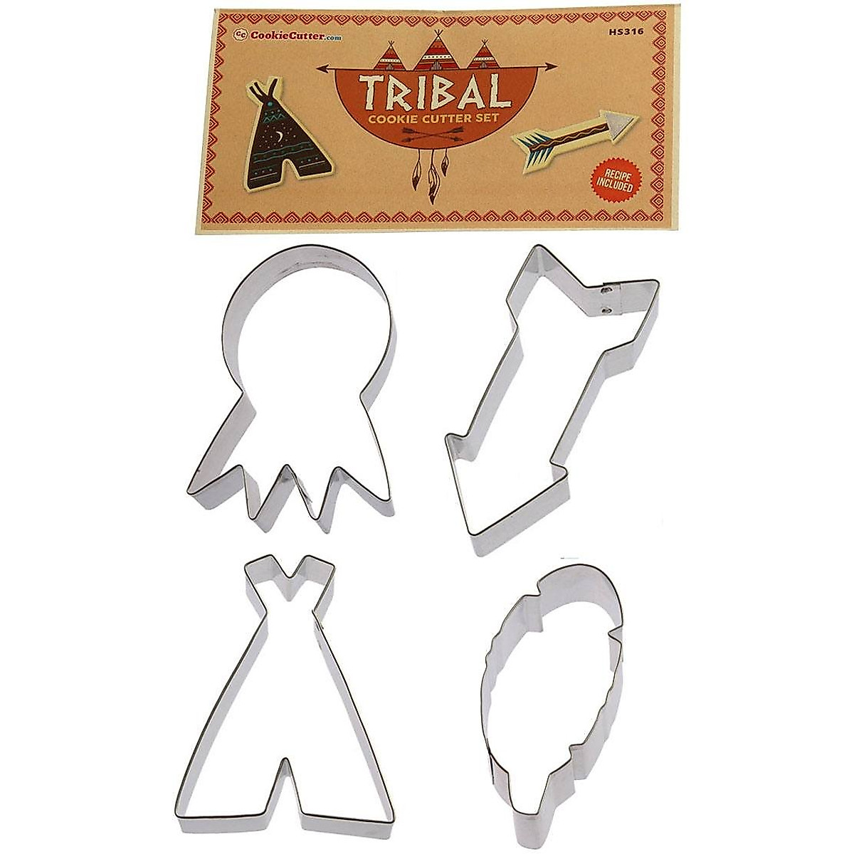 Foose Brand - Tribal Cookie Cutter 4 Pc Set – 4.5" Feather, 4" Teepee, 4.5" Arrow, 4.5 Dream Catcher Cookie Cutters and Recipe Card Hand Made in the USA from Tin Plated Steel