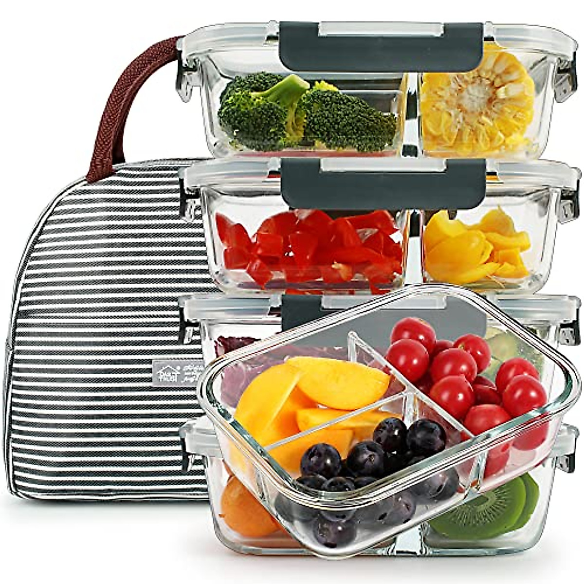 5 Pack 36oz Bento Box Meal Prep Glass Containers 3 Compartments with Lids Glass Food Storage Containers Glass Lunch Containers Glass Food Prep Containers with Lids Lunch Box Snack Container for Oven