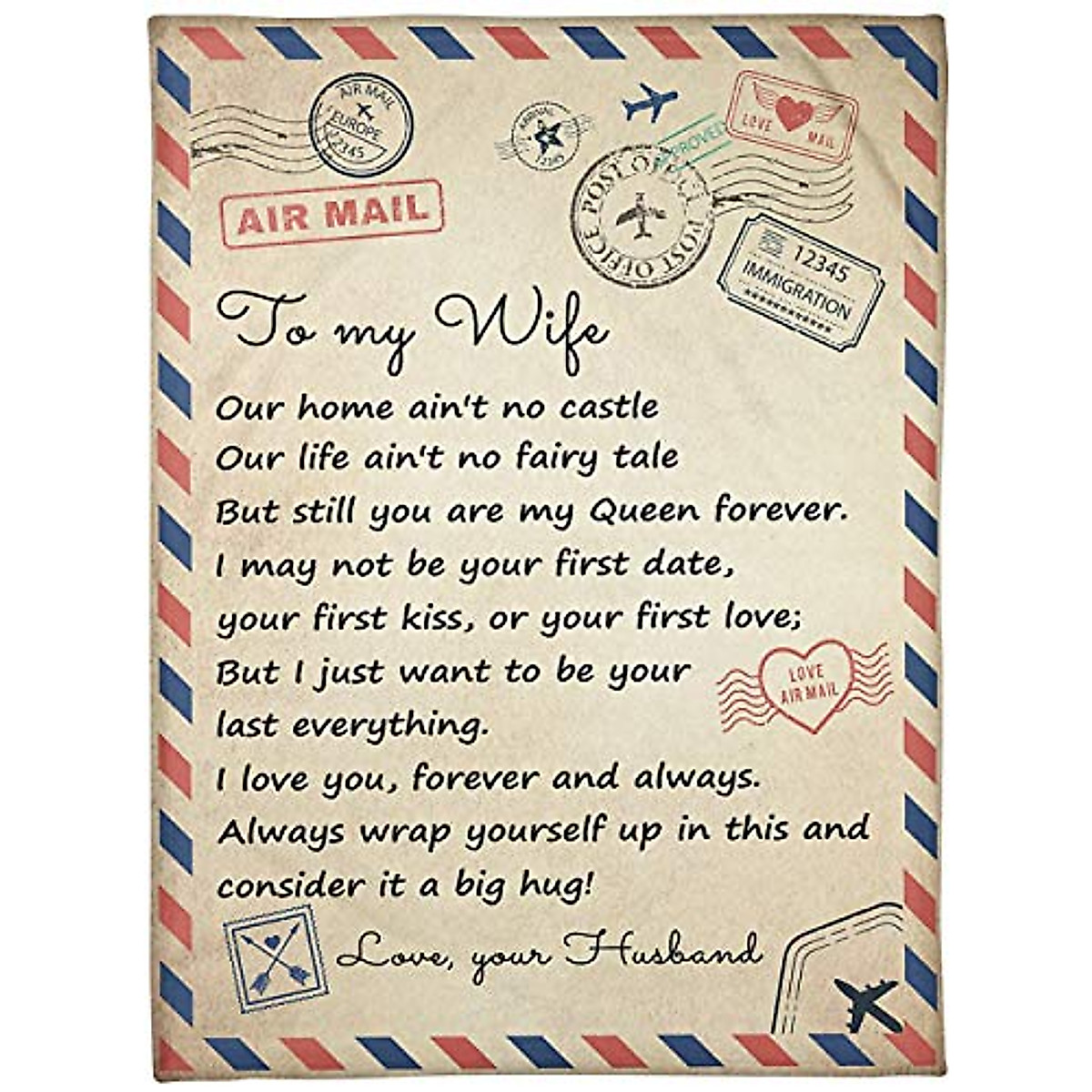 Blanket Personalized Love Mail Letter to Wife My Queen Forever from Husband- Fleece Blankets- Gifts for Wife Cozy Plush Fleece Blanket Size 60x80 inch On Christmas, Birthday, Holiday