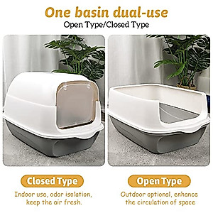 BNOSDM Cat Litter Box with Lid Plastic Cat Litter Boxes Enclosed Anti-Splshing Standard Kitten Toilet with Door and Pedal for Indoor Kitty(Grey Band Spoon)