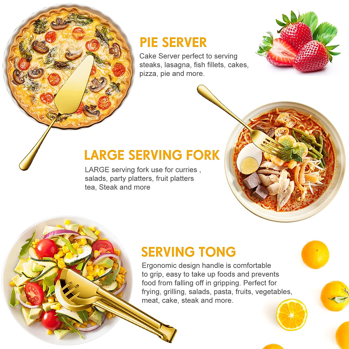 21 Pcs Christmas Gold Stainless Steel Serving Utensils Flatware Set, Serving Spoons Slotted Serving Spoons Gold Tongs Serving Forks for Kitchen Buffet Catering Banquet Party Supply, Dishwasher Safe