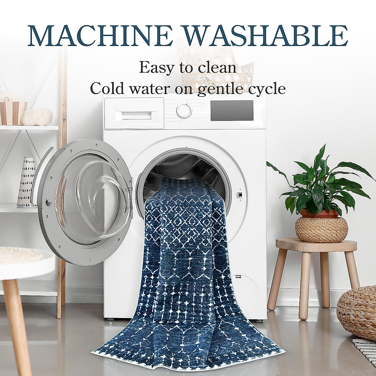 Lahome Moroccan Indoor Rugs for Entryway - 2x3 Area Rug Non-Slip Backing Washable Inside Door Mats Low-Profile Throw Soft Rugs for Bathroom, Geometric Print Distressed Blue Rug for Kitchen Bedside