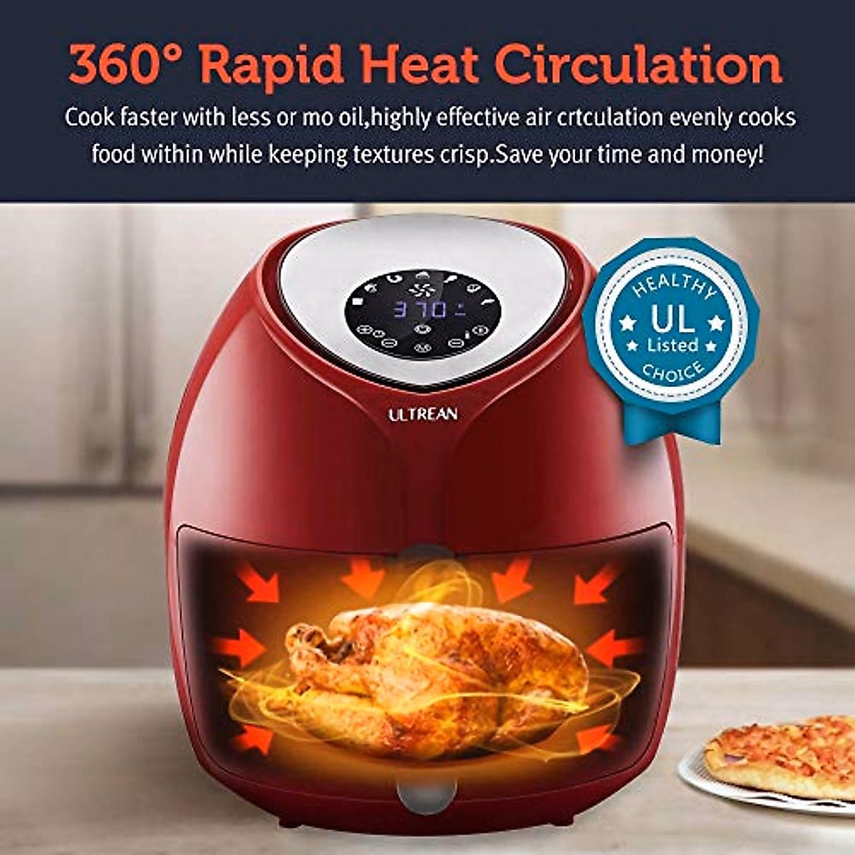 Ultrean Large Air Fryer 8.5 Quart, Electric Hot Airfryer XL Oven Oilless Cooker with 7 Presets, LCD Digital Touch Screen and Nonstick Detachable Basket, UL Certified, Cook Book, 1700W (Red)