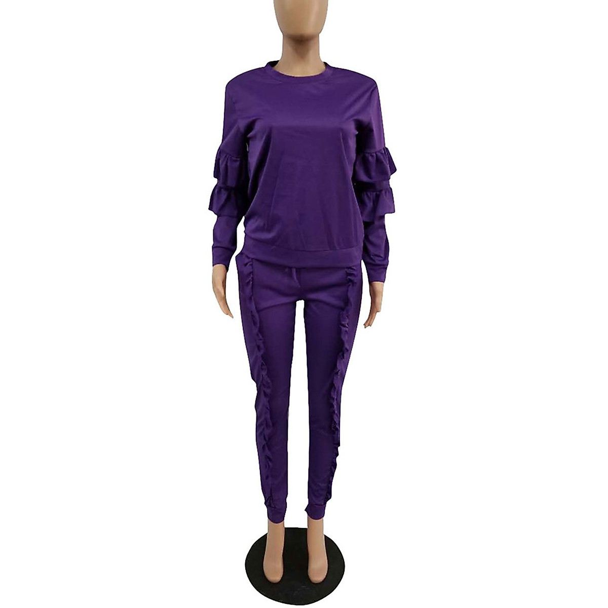 Akmipoem Casual Ruffle Two Piece Outfits Pullover Tops and Pants Jumpsuit Set for Ladies Purple XL