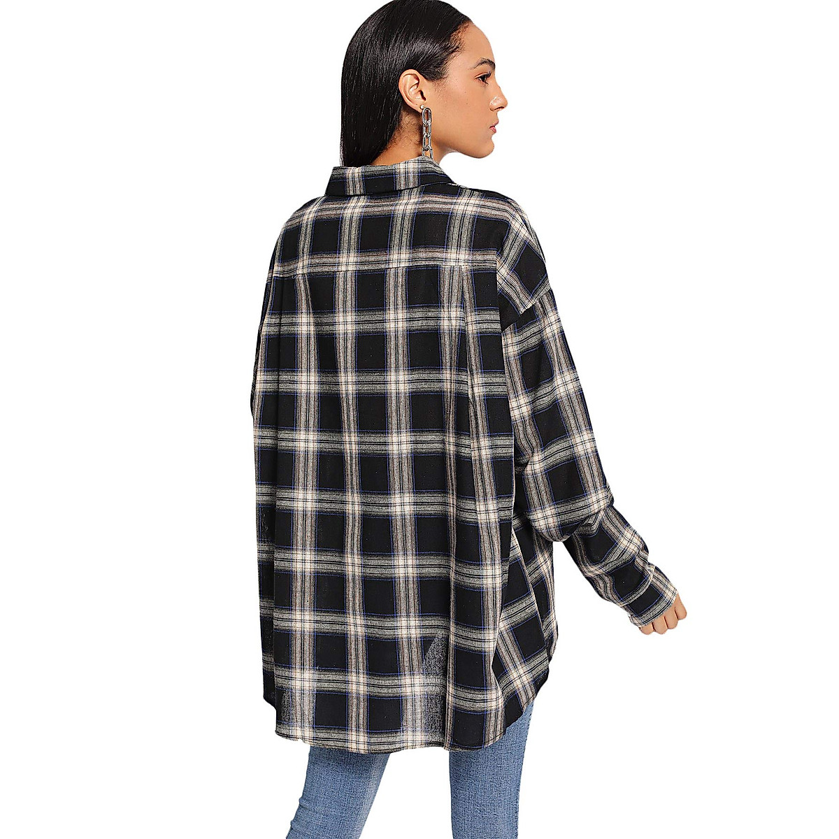 SweatyRocks Women's Long Sleeve Collar Long Button Down Plaid Shirt Blouse Tops Black Large