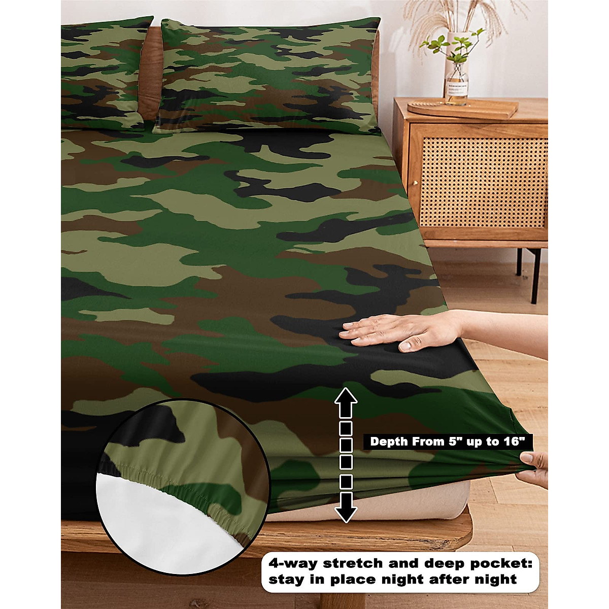 Military Camouflage Forest Camo Fitted Sheet Set for King Size Bed 3 Pieces Bedding Sheets-Deep Pocket Bedsheet Fits Mattress Upto 16",2 Pillow Cases Bedroom Decor American Army