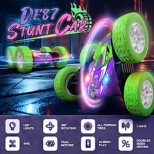 DEERC Remote Control Car, Double-Sided Driving RC Stunt Cars, 360° Spin 4WD Off-Road Car W/Dual Motors LED 2.4GHz Indoor/Outdoor Toy for Boys Age 4-7