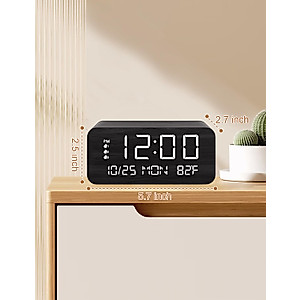 Digital Alarm Clock, with Wooden Electronic LED Time Display, 3 Alarm Settings, 10W Wireless charging, Day of the week, Temperature Detect, Wood Made Digital Clocks for Office, Bedroom, Bedside, Black