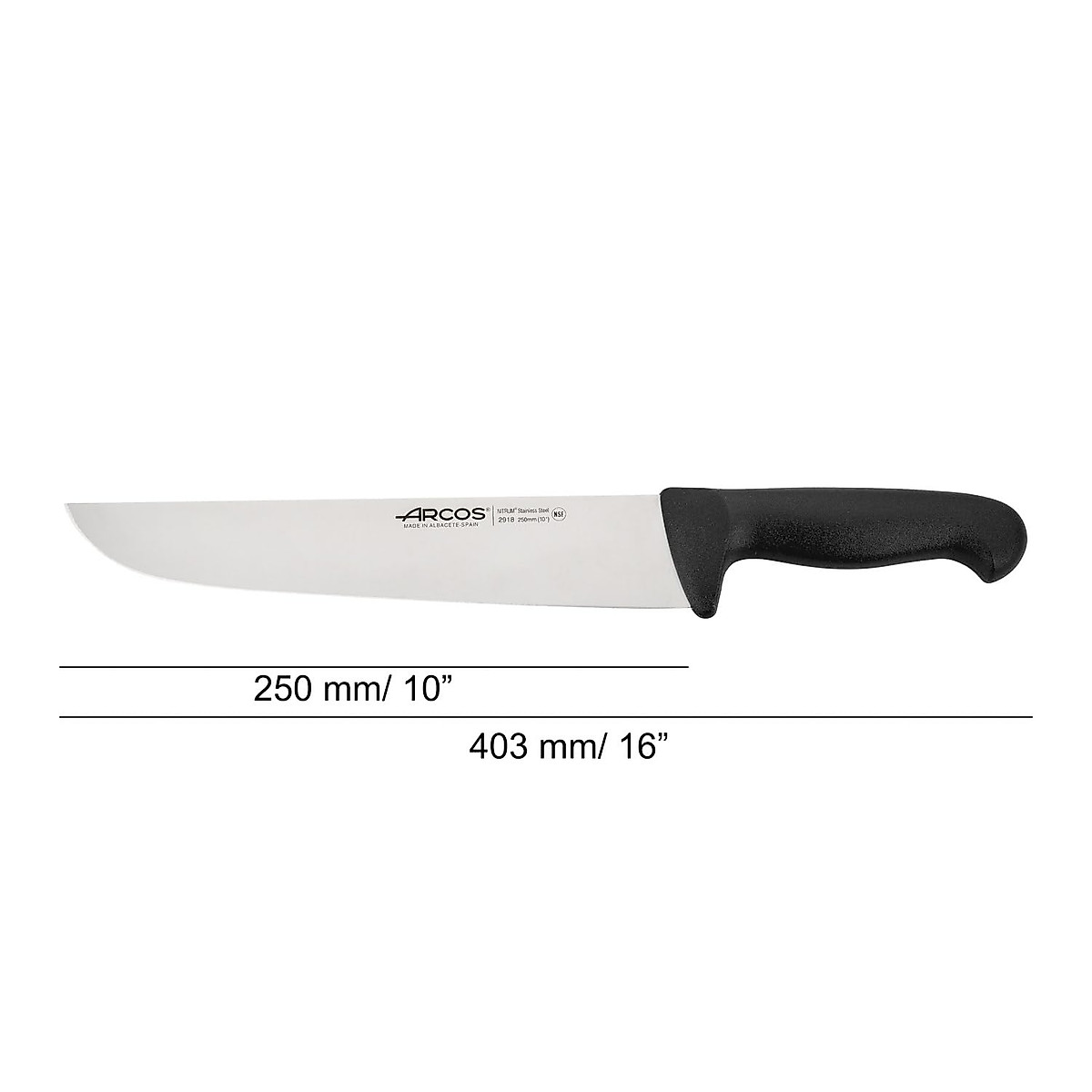 ARCOS Range Butcher Knife 10 inch Nitrum Stainless Steel. Steak Knife. Polypropylene Black Handle. Color Identification System for Prolonged and Heavy Use. Series 2900. Color Black.
