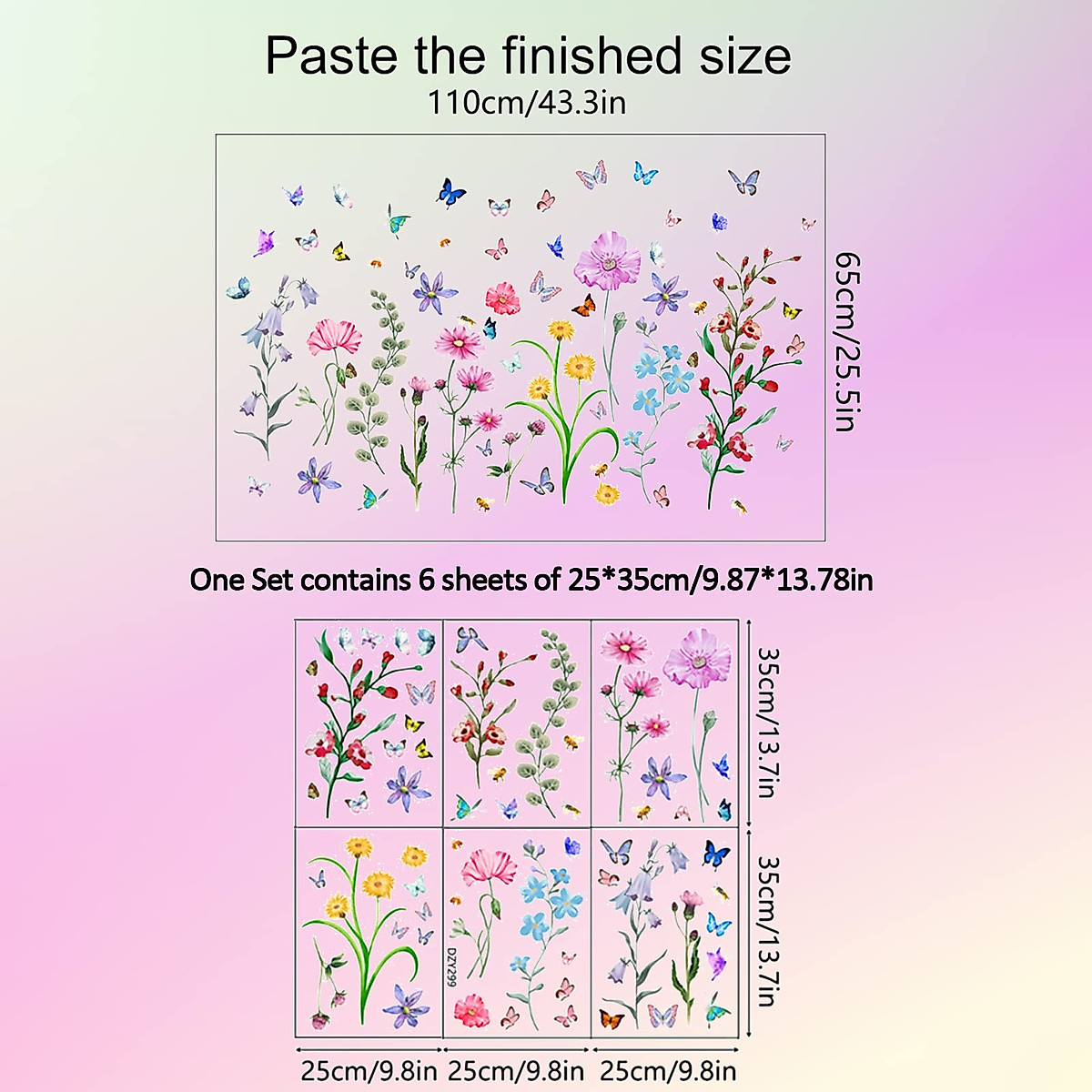 PDCTACST Colorful Flower Wall Decals with Butterfly and Bee, Large Floral Clusters Butterfly Wall Stickers DIY Peel and Stick, Removable PVC Art Wall Decor Mural for Nursery Baby Kids Room