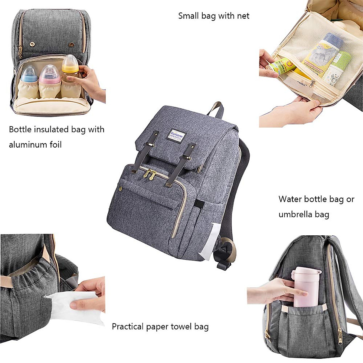 SUNVENO Baby Diaper Bag Backpack Nappy Changing Waterproof Function Organizer Large Stylish Mommy Bag Backpack (Gray)