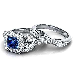 IDEALJEWEL95 1.35 ct Blue & White Sapphire Sterling Silver Bridal Ring Set Free Size For Women Engagement Ring/Wedding/Valentines