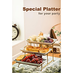 LAUCHUH 3 Tier Serving Stand Porcelain Serving Platter Tier Serving Trays with Collapsible Sturdier Rack, Serving Dishes and Platters for Thanksgiving, Christmas, Entertaining, Gold, 12 Inch