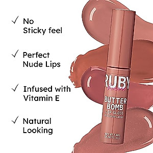 Ruby Kisses Lip Gloss Butter Bomb Gloss Non-Sticky Lip Gloss Vitamin E Natural Nude Lip Makeup -7.8mL (0.26 US fl.oz) (Nude)
