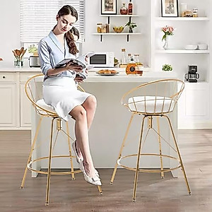 Aklaus 26" Sherpa Boucle Bar Stools Set of 2 Swivel Counter Height Bar Stools with Round Seat,Gold Bar Stools with Backs,Modern Teddy White Barstools,Kitchen Island Dining Bar Stools Chairs