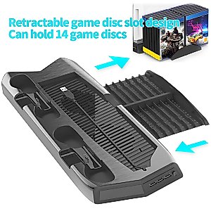 OSTENT Multi-Function Vertical Stand, Charging Station Dock, Cooling Fan, Retractable Game Storage Bracket for Sony PS5 Disc/Digital Edition Console DualSense Controller