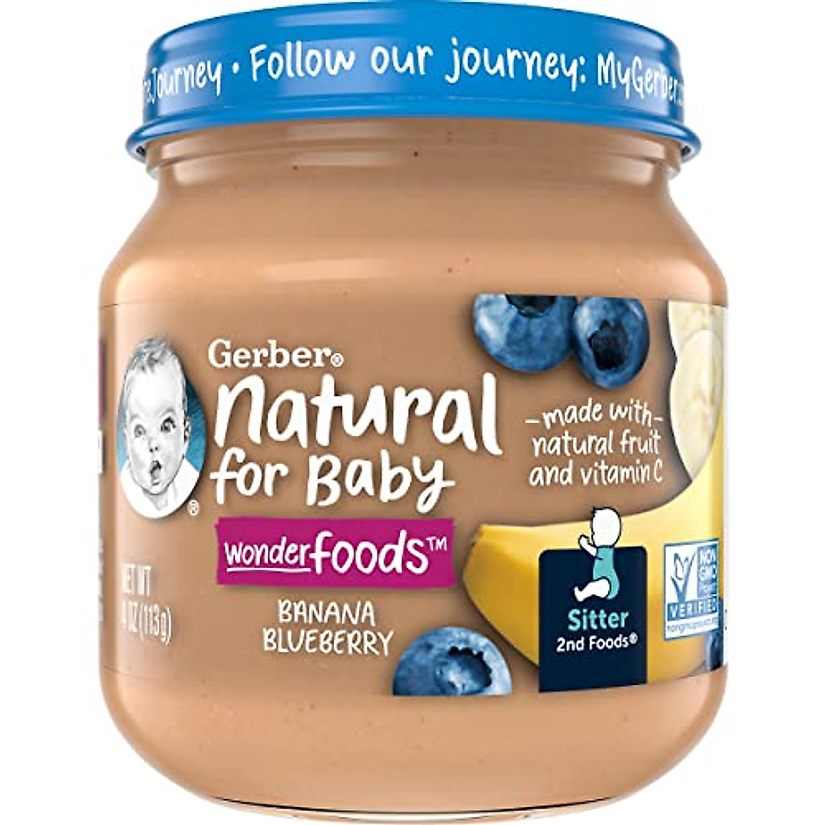 Gerber Natural for Baby Wonder Foods 2nd Foods Baby Food Jar, Banana Blueberry, Made with Natural Fruit & Vitamin C, Non-GMO Baby Food, 4-Ounce Glass Jar (Pack of 10)