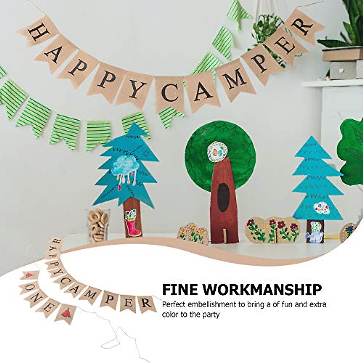 Amosfun One Happy Camper Burlap Banner Camping Party Decoration Happy Camper Birthday Decorations Retirement Birthday Camper Yard Decoration