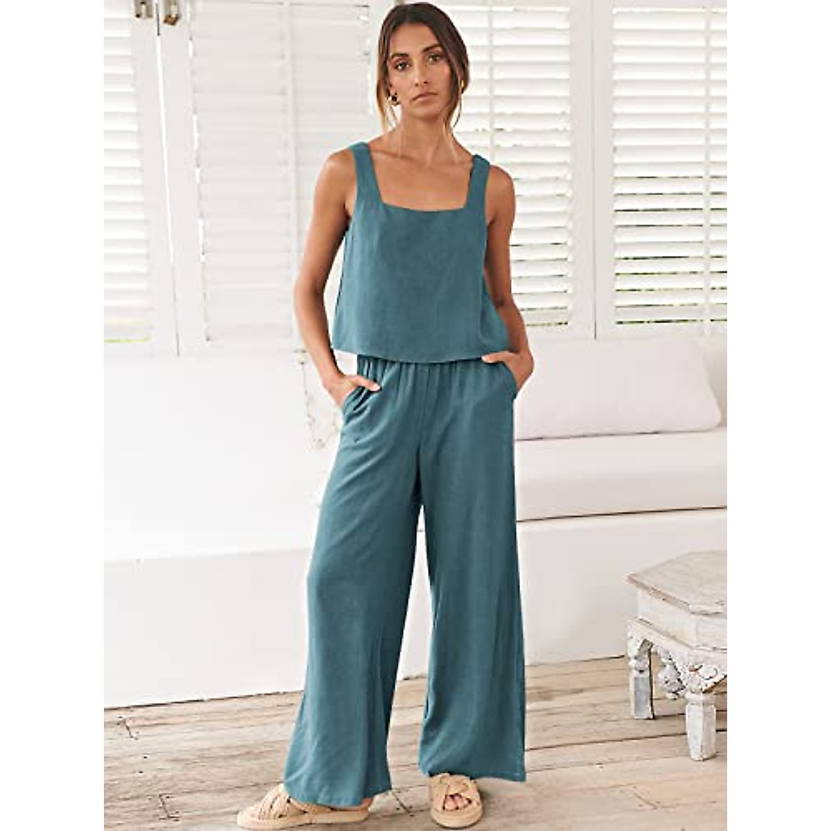 ANRABESS Women's Two Piece Outfits Summer Vacation Cruise Resort Wear 2023 Clothes Casual Linen Tank Crop Top Wide Leg Pants Matching Lounge Set Jumpsuit 732qinglan-L