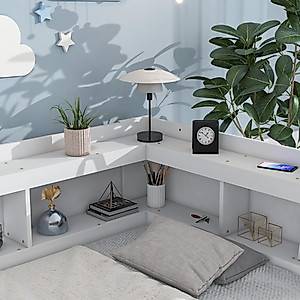 DNChuan L-Shaped Twin Size Daybed with Bookcase Headboard,Captains Corner Bed with Storage Drawers,Wooden Slat Support No Box Spring Needed,White