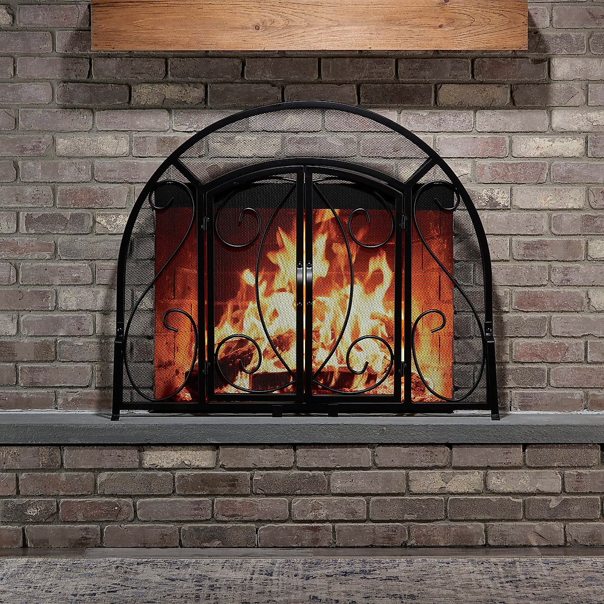 Uniflame Single Panel Black Wrought Iron Ornate Fireplace Screen with Doors